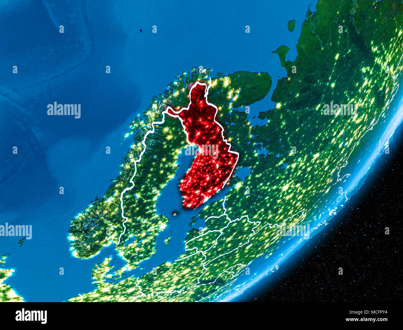 Finland in red on planet Earth at night with visible borderlines and city lights. 3D ...