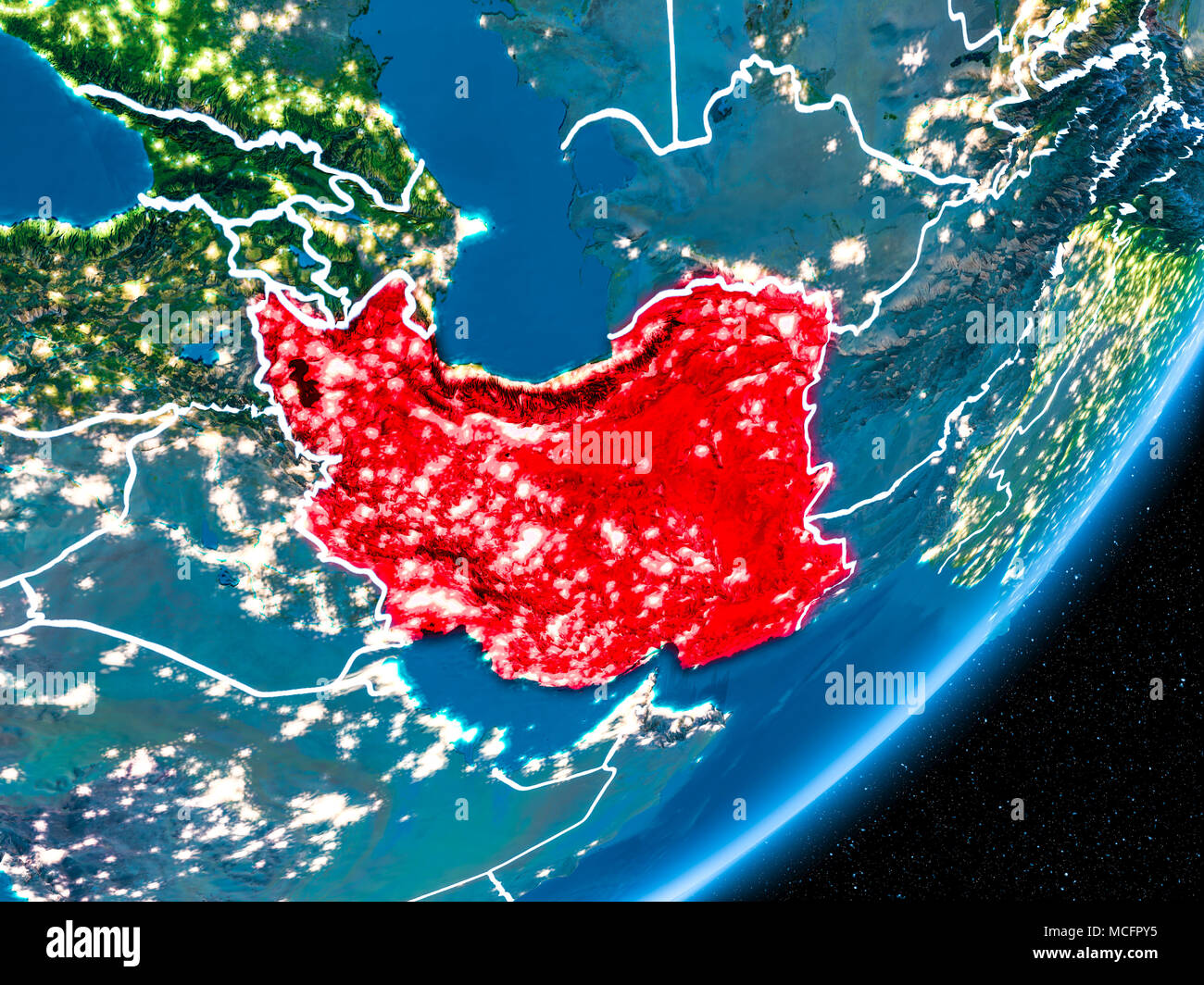Iran in red on planet Earth at night with visible borderlines and city lights. 3D illustration ...