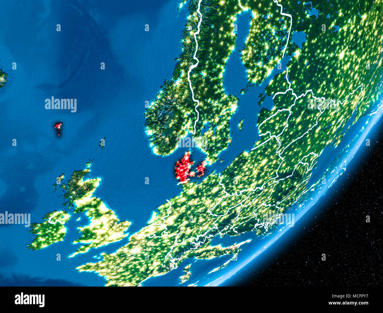 Denmark in red on planet Earth at night with visible borderlines and city lights. 3D ...