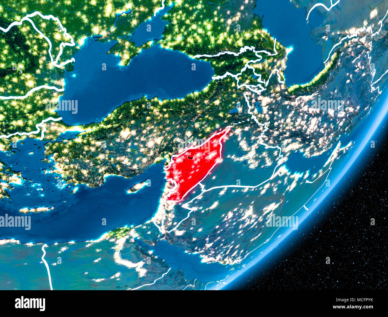 Syria in red on planet Earth at night with visible borderlines and city ...