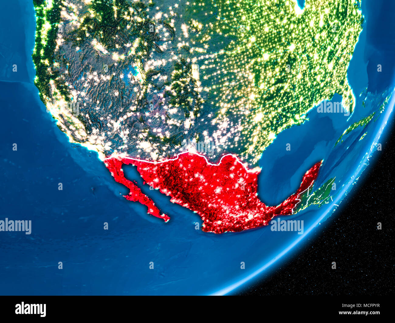 Mexico in red on planet Earth at night with visible borderlines and ...