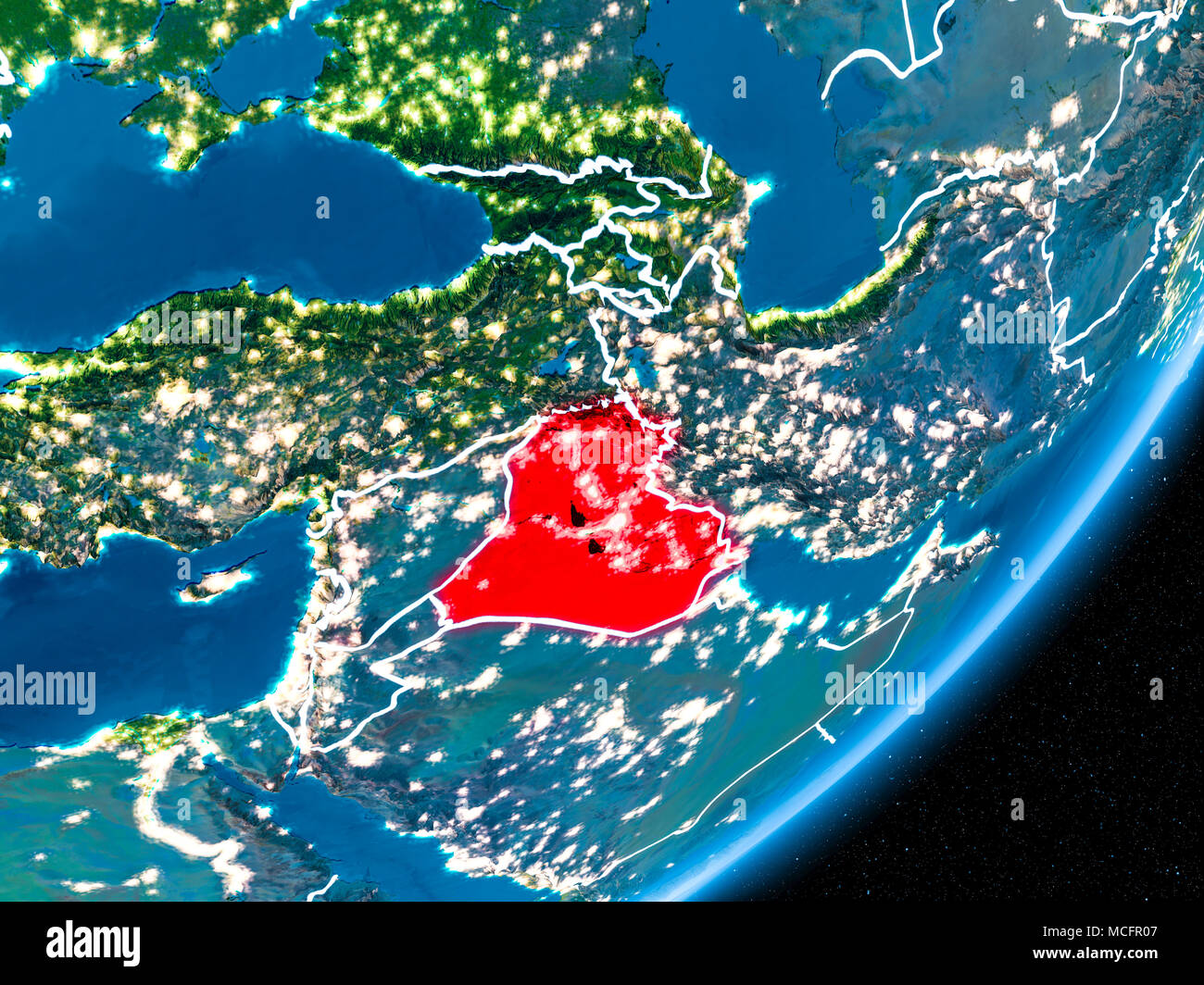 Iraq in red on planet Earth at night with visible borderlines and city ...