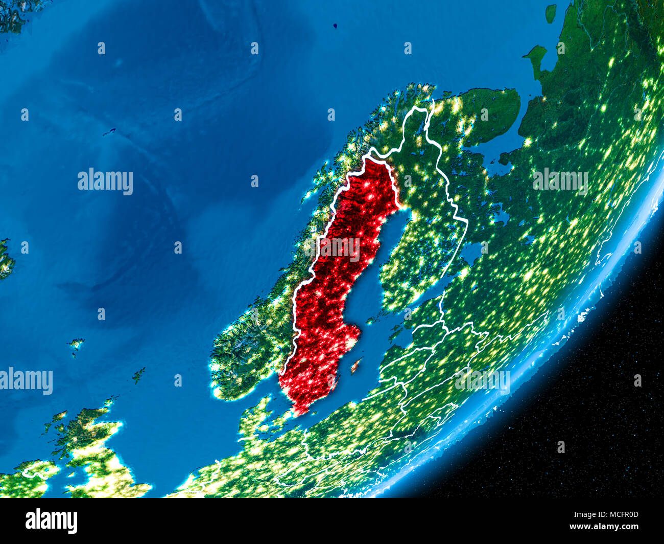 Sweden in red on planet Earth at night with visible borderlines and ...