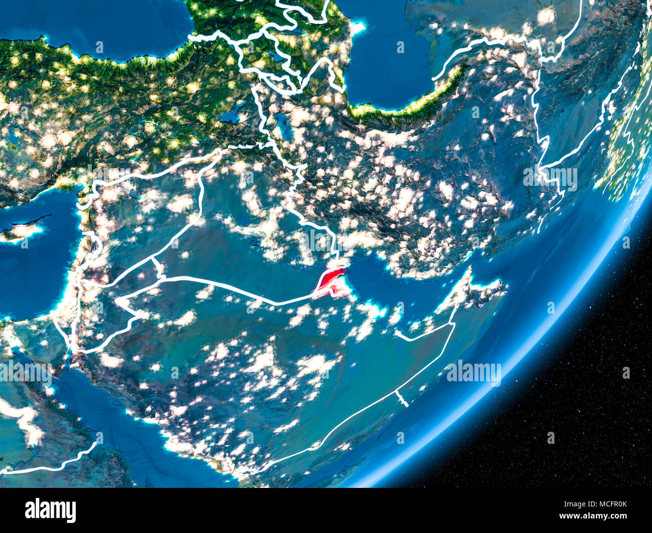 Kuwait in red on planet Earth at night with visible borderlines and city lights. 3D illustration ...