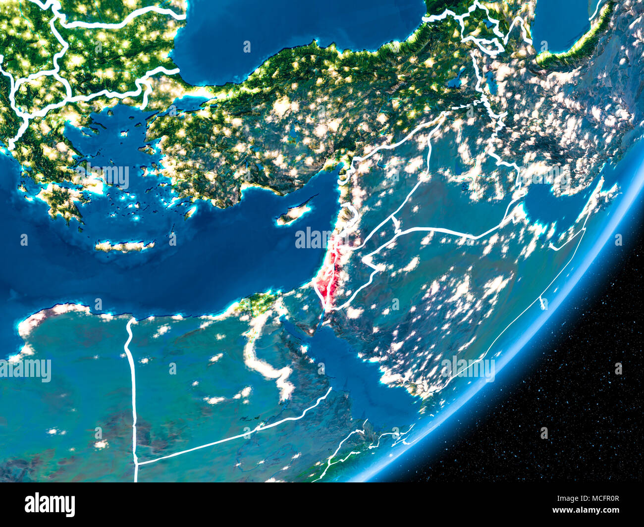 Israel in red on planet Earth at night with visible borderlines and ...