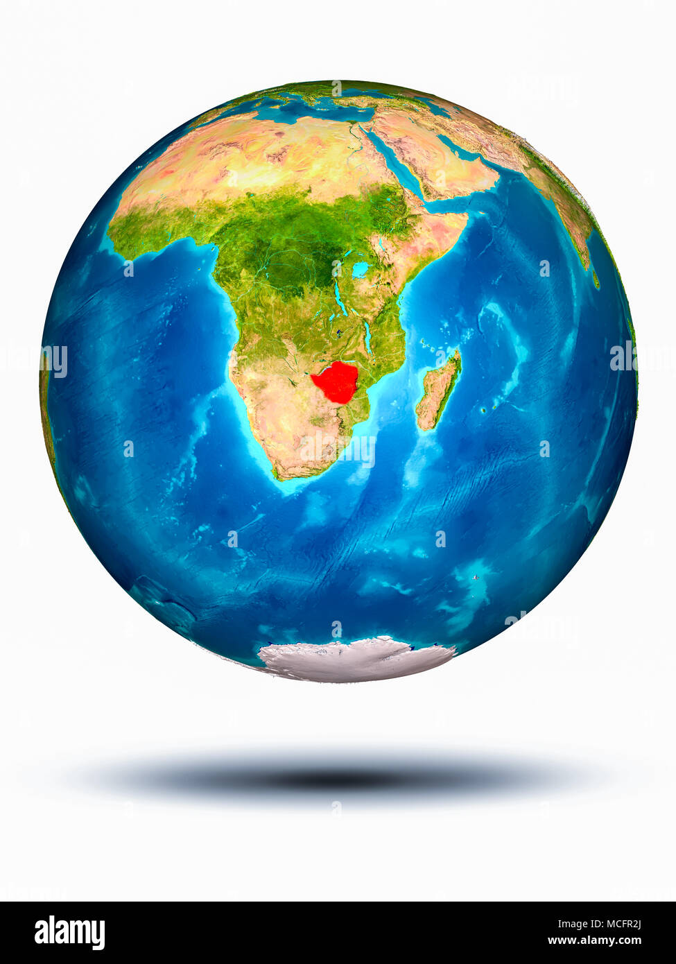Zimbabwe in red on model of planet Earth hovering in space. 3D ...