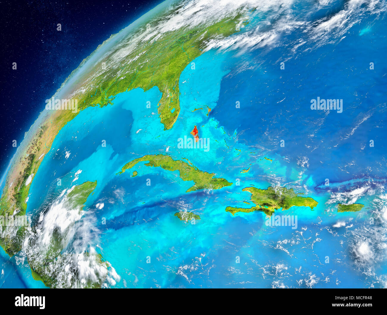 Country of Bahamas in red on planet Earth with atmosphere. 3D ...