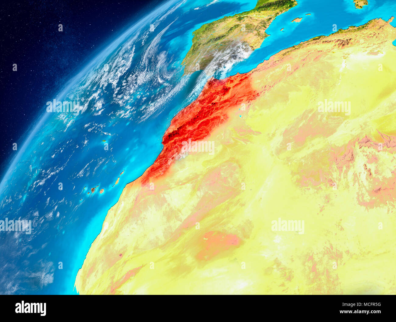 Country of Morocco in red on planet Earth with atmosphere. 3D ...
