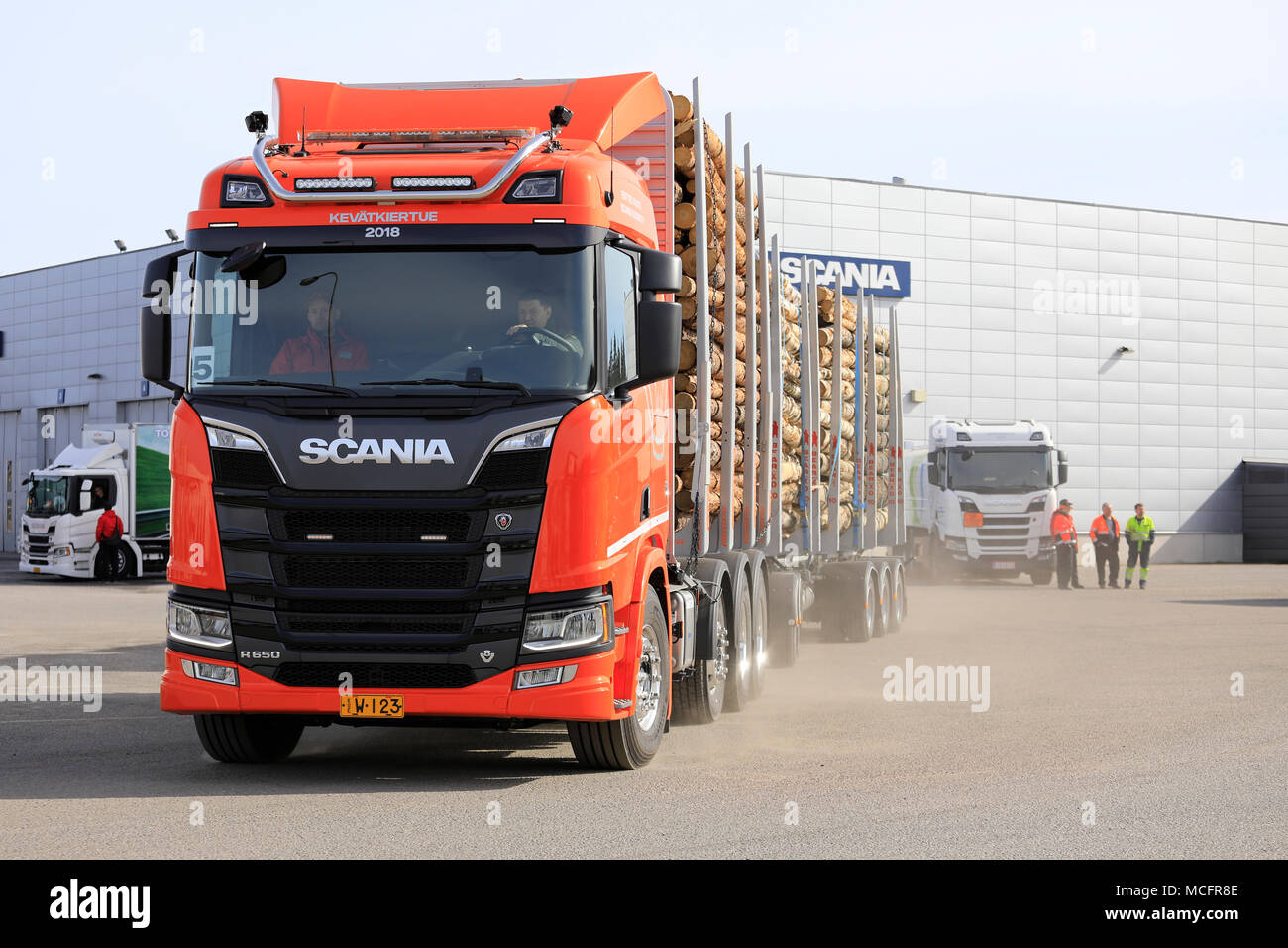 LIETO, FINLAND - APRIL 12, 2018: Orange Scania R650 logging truck at ...