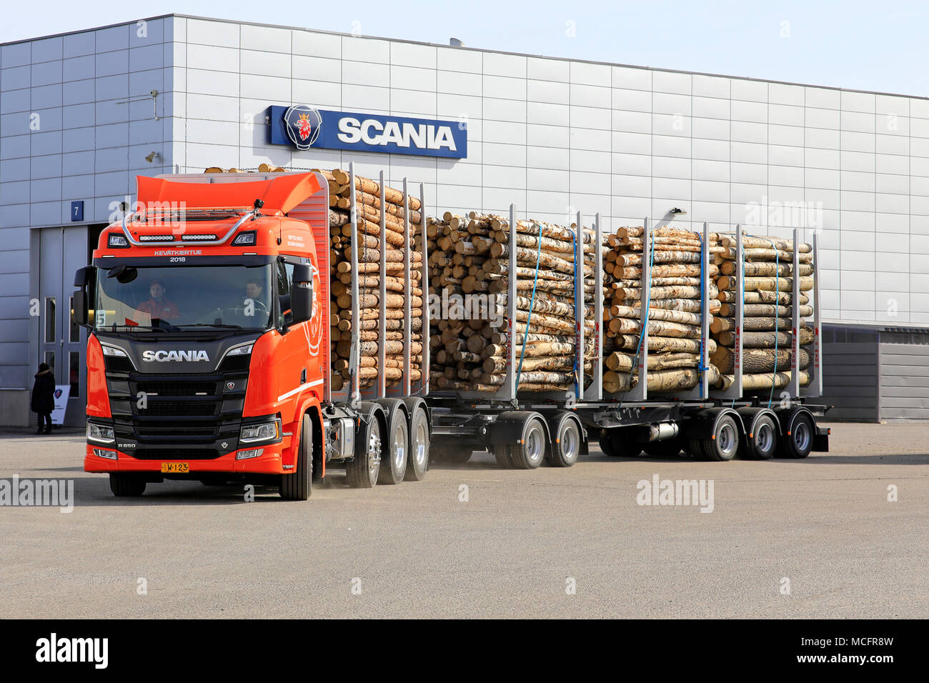 LIETO, FINLAND - APRIL 12, 2018: Orange Scania R650 logging truck at ...