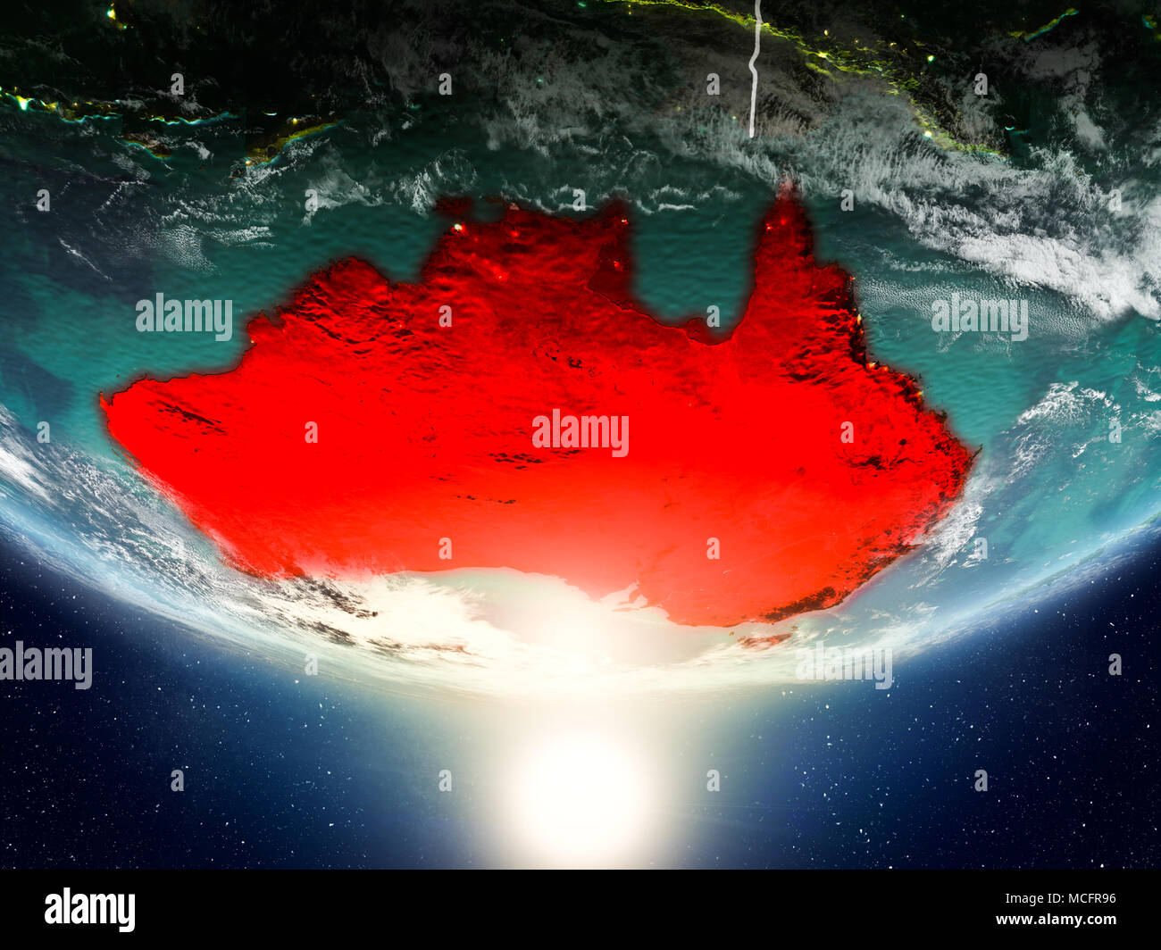 Australia from orbit of planet Earth in sunrise with highly detailed ...