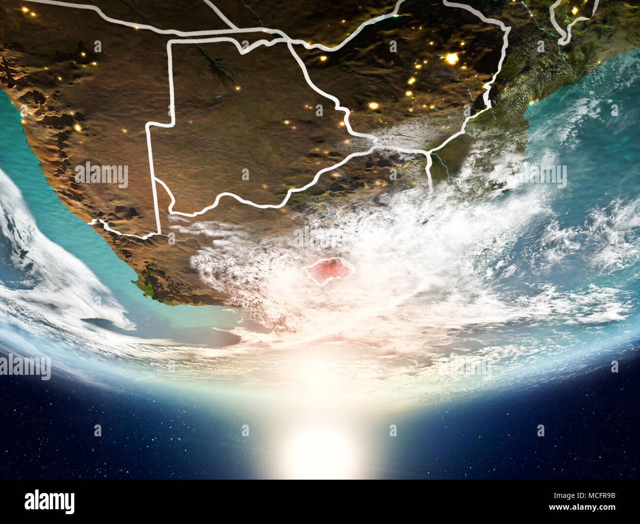 Lesotho from orbit of planet Earth in sunrise with highly detailed ...
