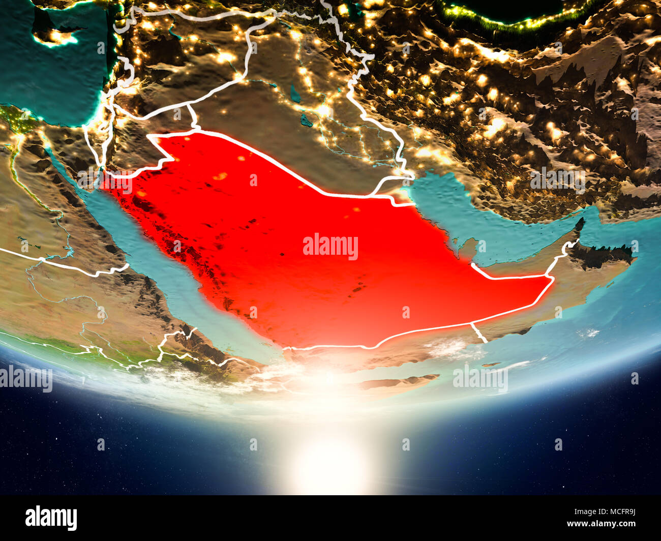 Saudi Arabia from orbit of planet Earth in sunrise with highly detailed ...