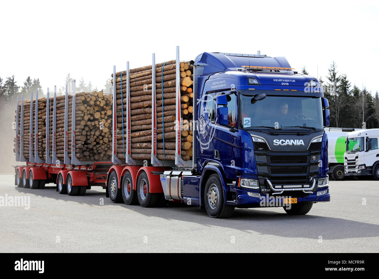 LIETO, FINLAND - APRIL 12, 2018: Blue Scania R730 logging truck on test ...