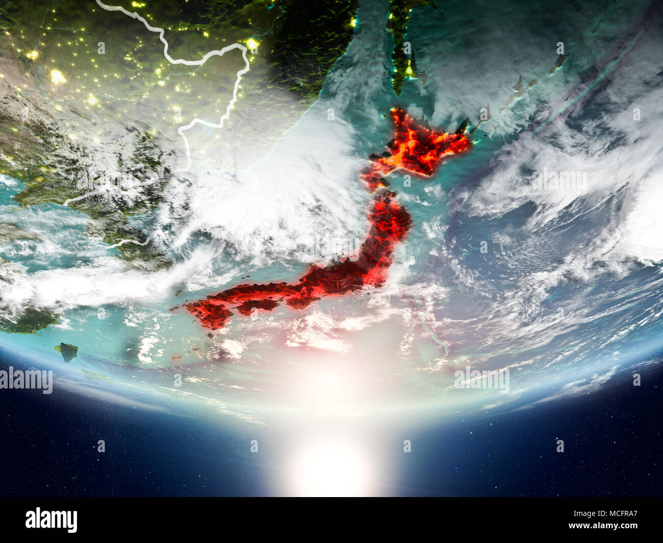 Japan from orbit of planet Earth in sunrise with highly detailed ...