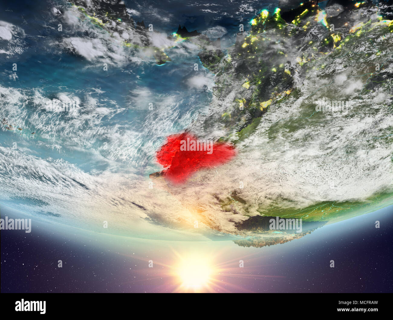 Ecuador during sunrise highlighted in red on planet Earth with clouds. 3D illustration. Elements ...