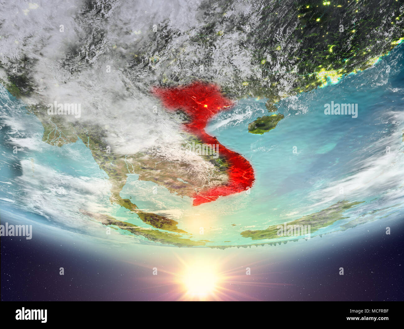 Vietnam during sunrise highlighted in red on planet Earth with clouds ...