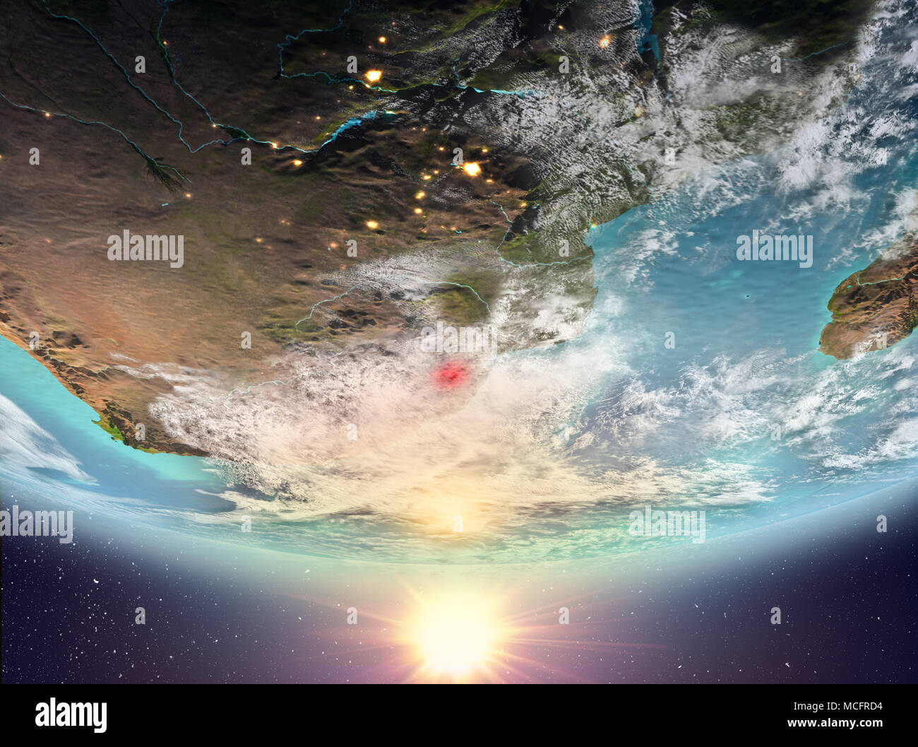 Swaziland during sunrise highlighted in red on planet Earth with clouds. 3D illustration ...