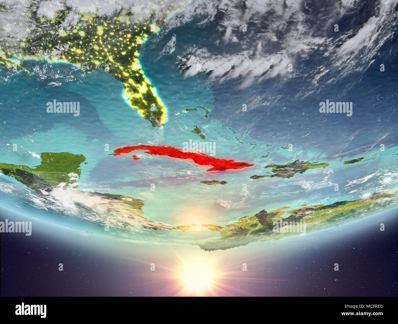 Cuba during sunrise highlighted in red on planet Earth with clouds. 3D ...