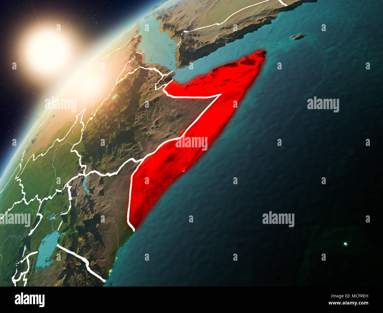 Somalia during sunset highlighted in red on planet Earth with visible ...