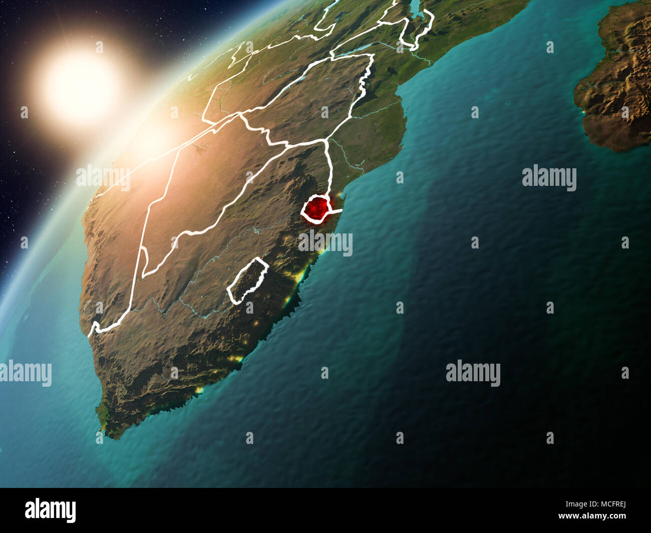 Swaziland during sunset highlighted in red on planet Earth with visible country borders. 3D ...
