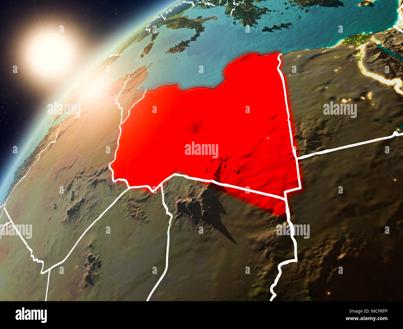 Libya during sunset highlighted in red on planet Earth with visible ...