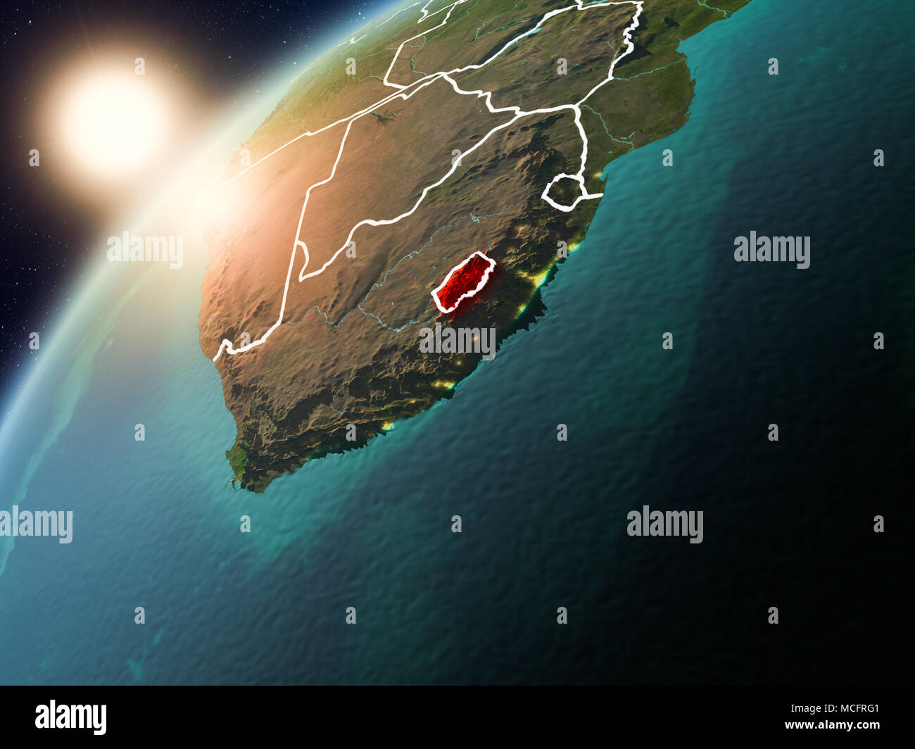 Lesotho during sunset highlighted in red on planet Earth with visible ...