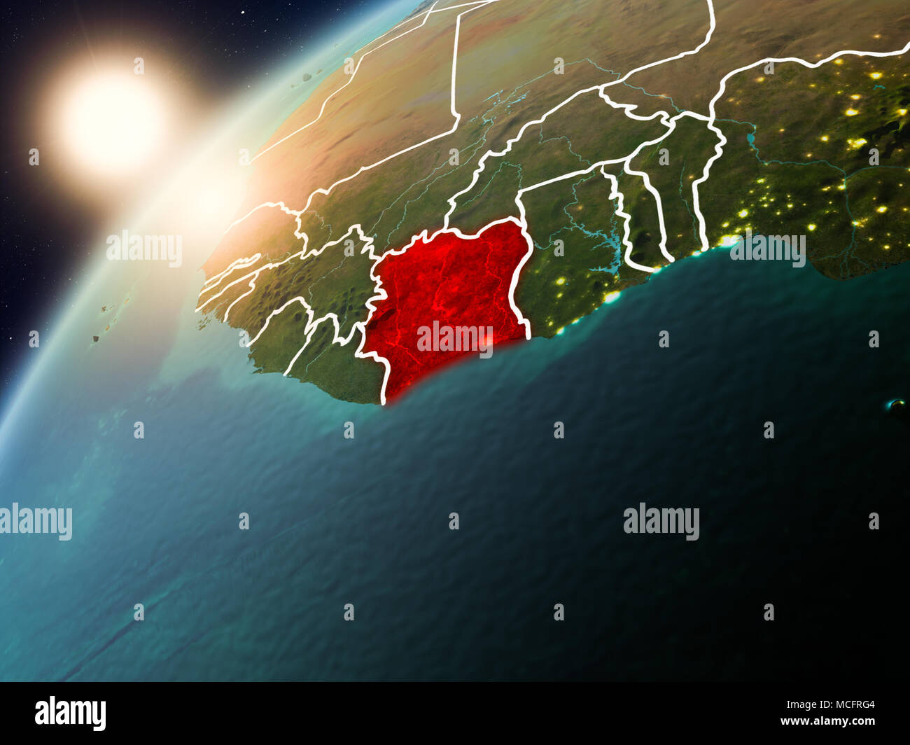 Ivory Coast during sunset highlighted in red on planet Earth with ...