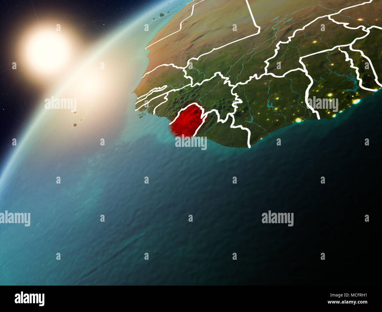 Sierra Leone during sunset highlighted in red on planet Earth with ...