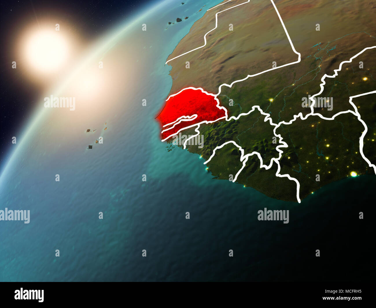 Senegal during sunset highlighted in red on planet Earth with visible ...