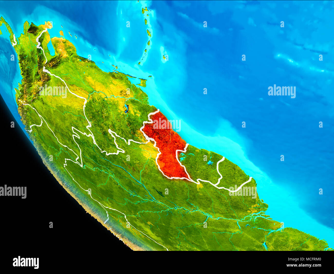 Guyana highlighted in red on planet Earth with visible borders. 3D ...