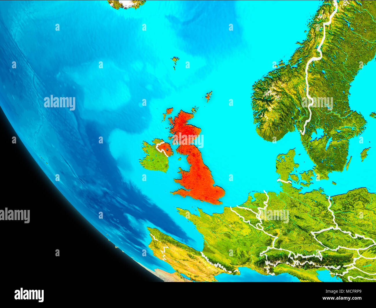 United Kingdom highlighted in red on planet Earth with visible borders ...