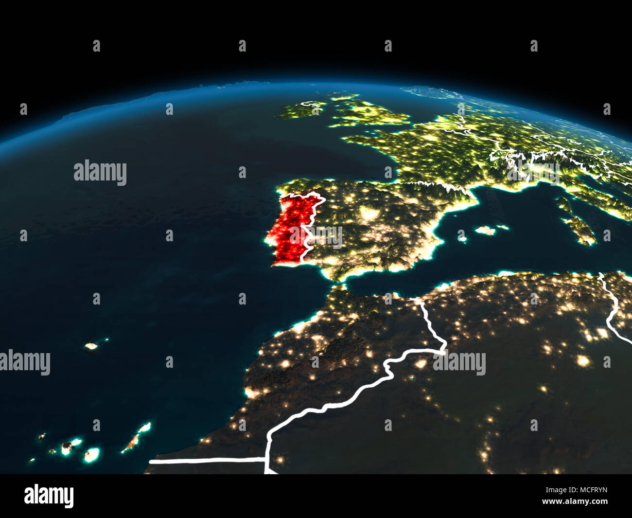 Space orbit view of Portugal highlighted in red on planet Earth at night with visible country ...