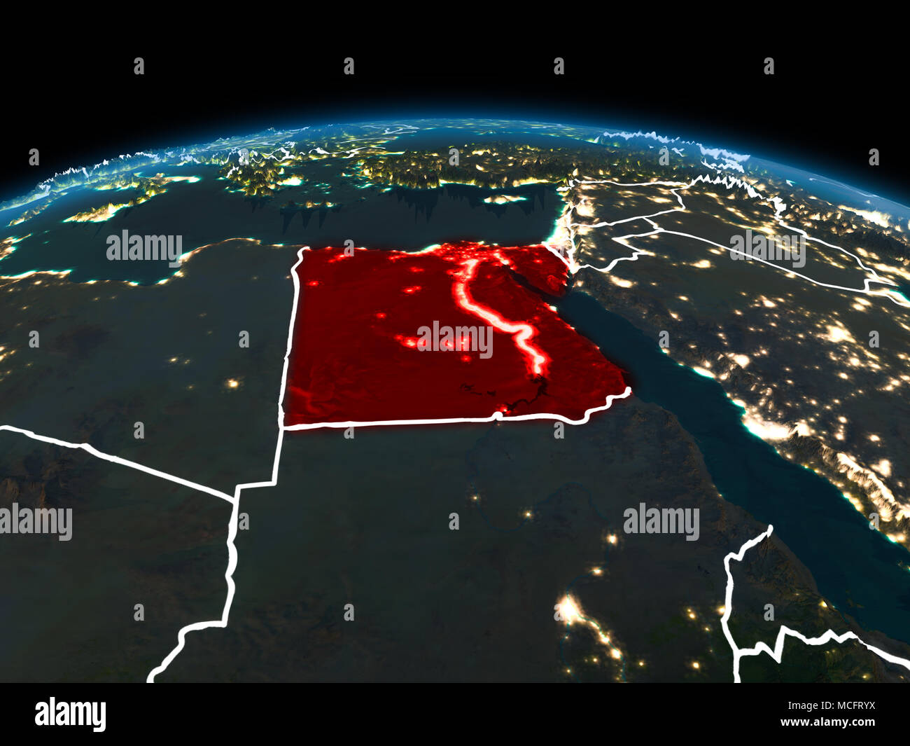 Space orbit view of Egypt highlighted in red on planet Earth at night ...