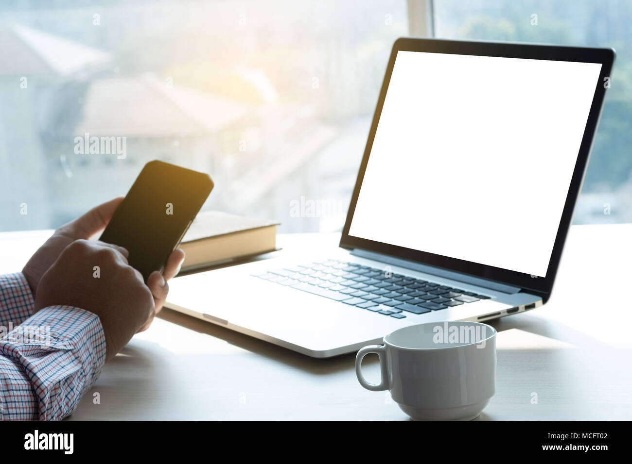 man working computer table hand touching laptop business blank white ...