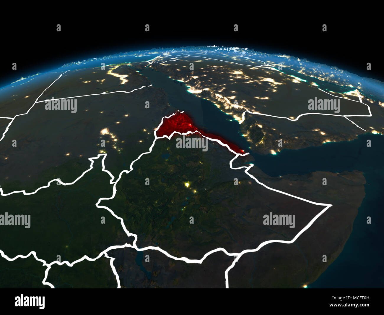 Space orbit view of Eritrea highlighted in red on planet Earth at night with visible country ...
