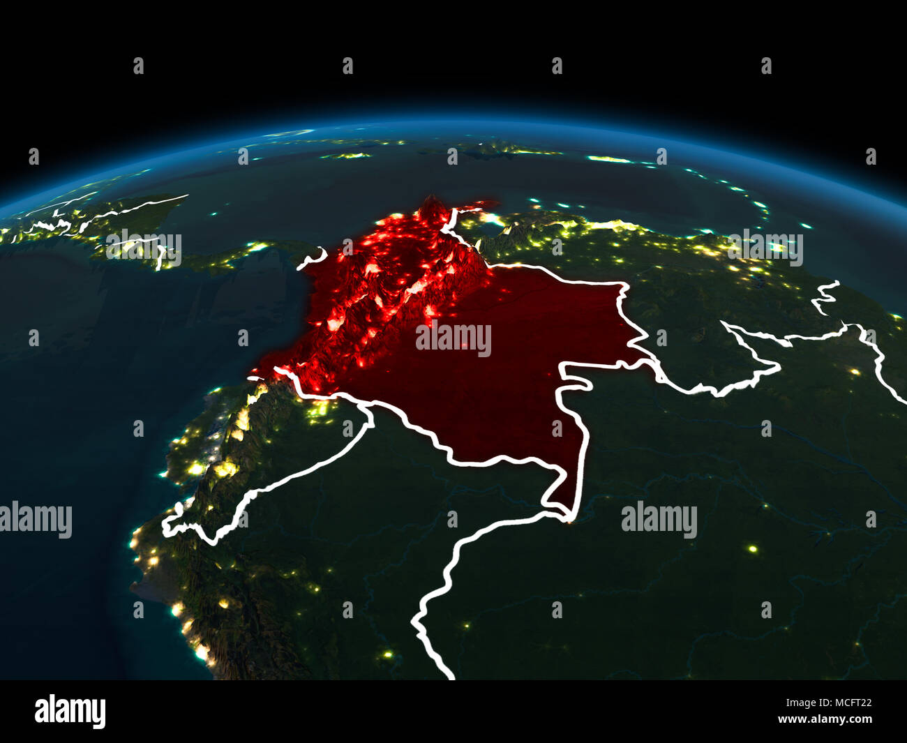 Space orbit view of Colombia highlighted in red on planet Earth at ...