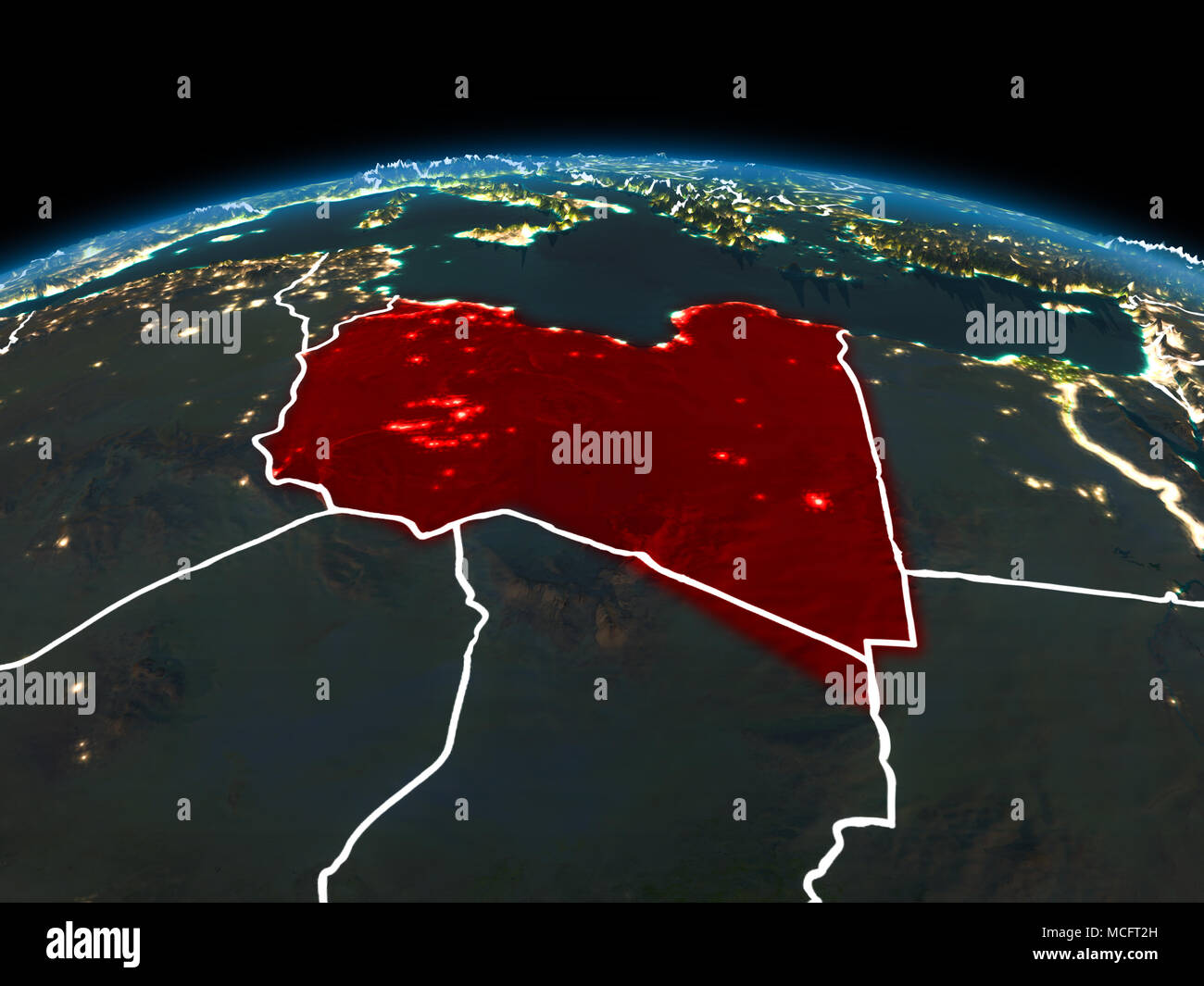 Space orbit view of Libya highlighted in red on planet Earth at night with visible country ...