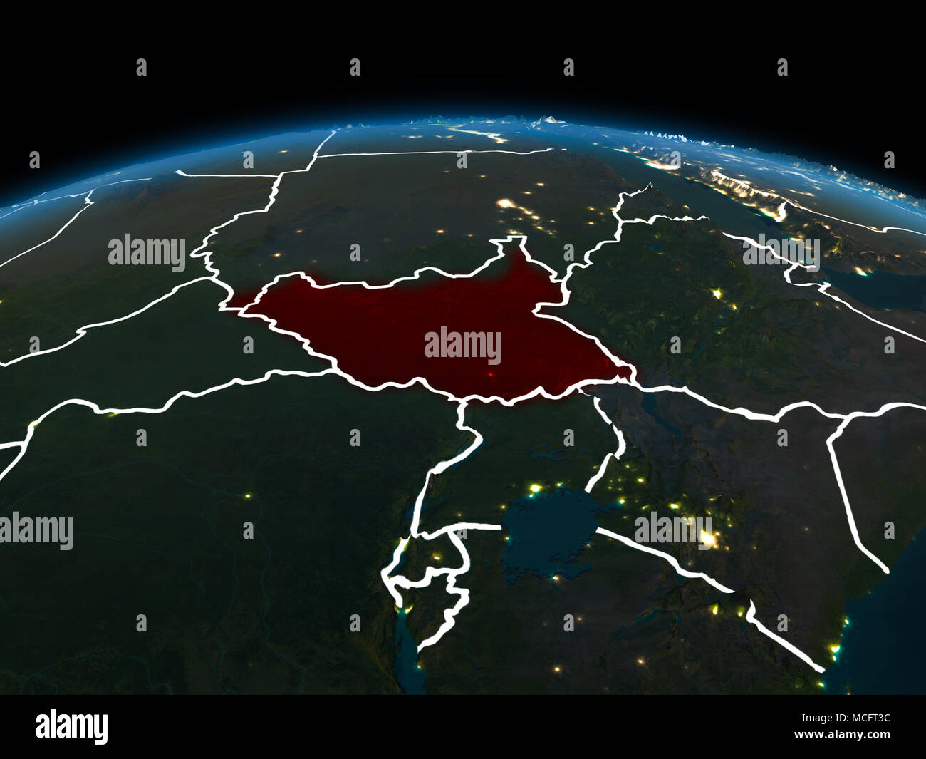 Space orbit view of South Sudan highlighted in red on planet Earth at night with visible country ...
