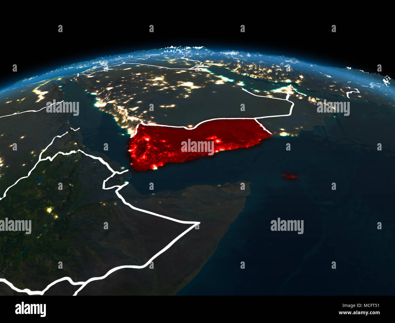Space orbit view of Yemen highlighted in red on planet Earth at night with visible country ...