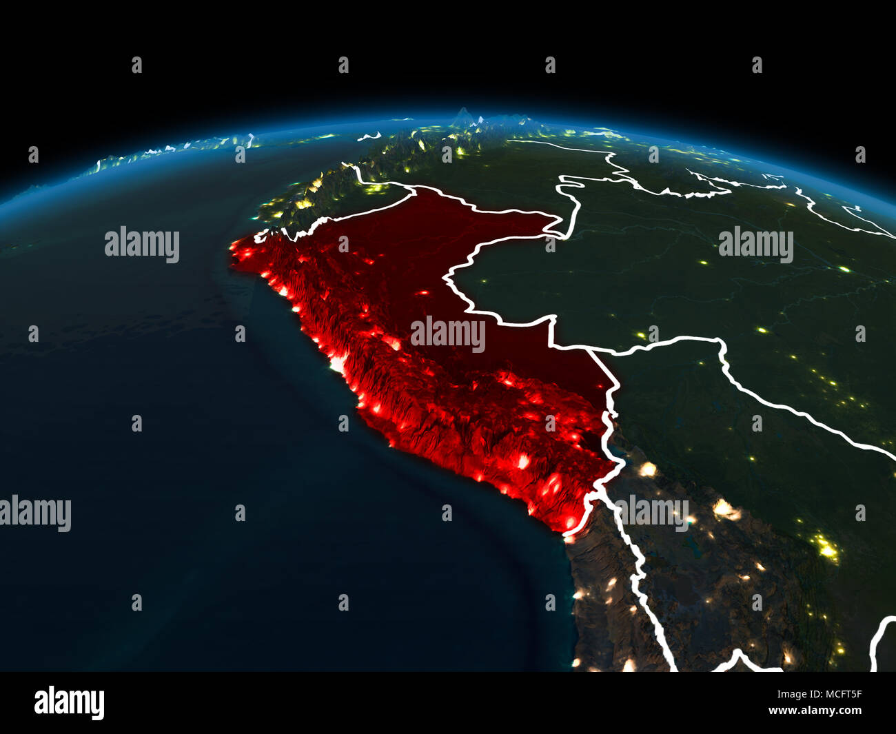 Space orbit view of Peru highlighted in red on planet Earth at night with visible country ...