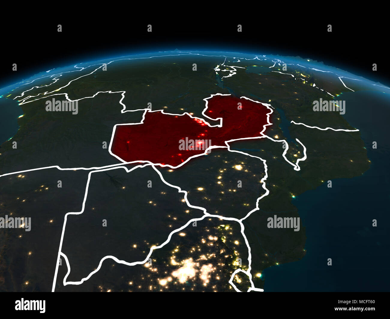 Space orbit view of Zambia highlighted in red on planet Earth at night with visible country ...