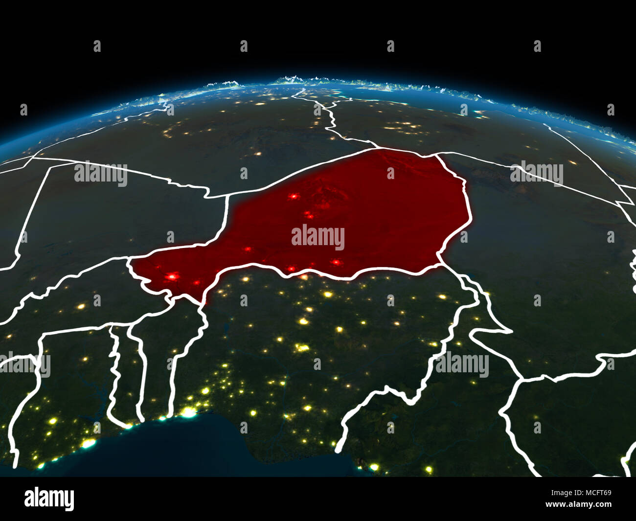 Space orbit view of Niger highlighted in red on planet Earth at night with visible country ...