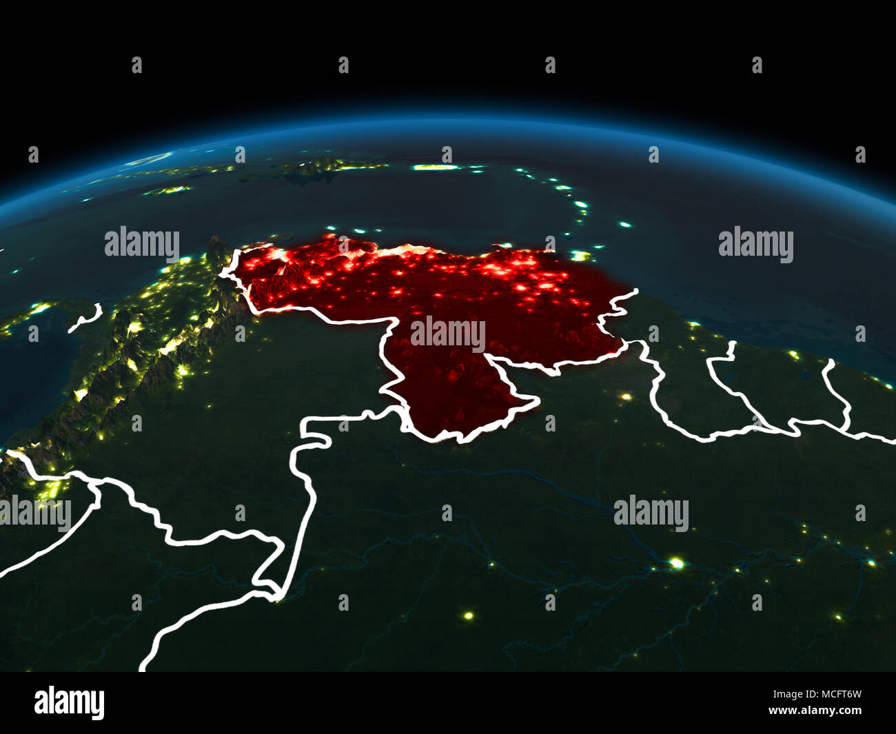 Space orbit view of Venezuela highlighted in red on planet Earth at night with visible country ...