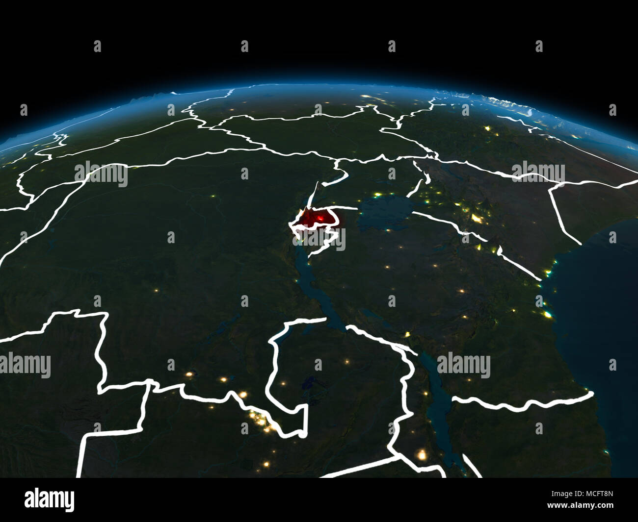 Space orbit view of Rwanda highlighted in red on planet Earth at night with visible country ...