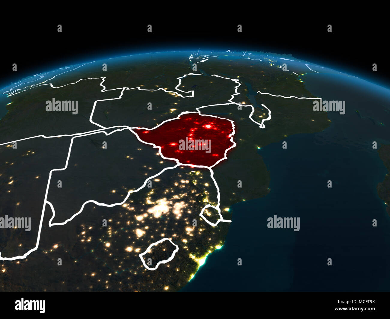 Space orbit view of Zimbabwe highlighted in red on planet Earth at night with visible country ...