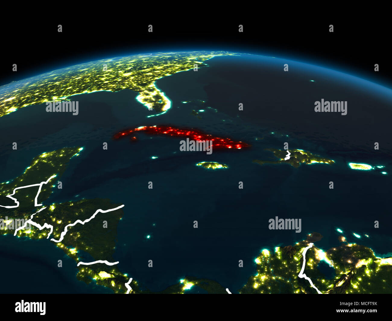 Space orbit view of Cuba highlighted in red on planet Earth at night with visible country ...