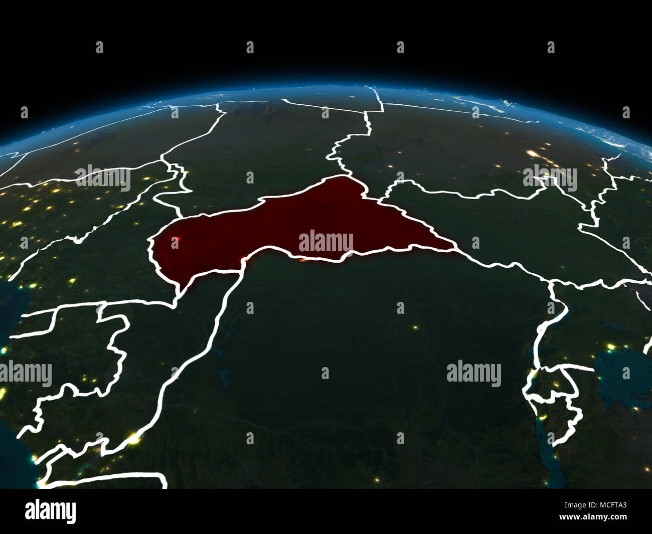 Space orbit view of Central Africa highlighted in red on planet Earth at night with visible ...