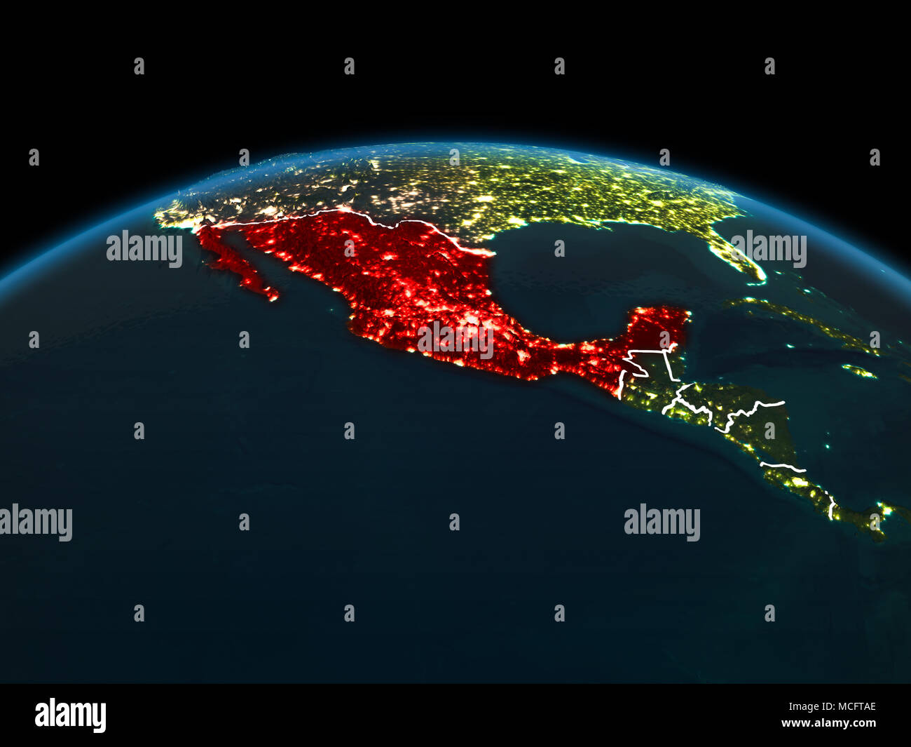 Space orbit view of Mexico highlighted in red on planet Earth at night with visible country ...