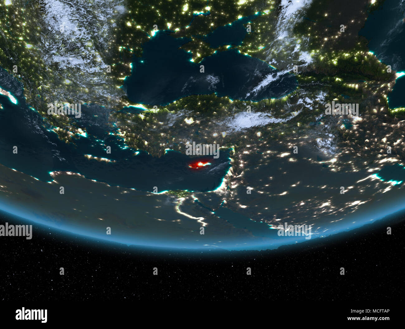 Cyprus at night highlighted in red on planet Earth with clouds. 3D ...